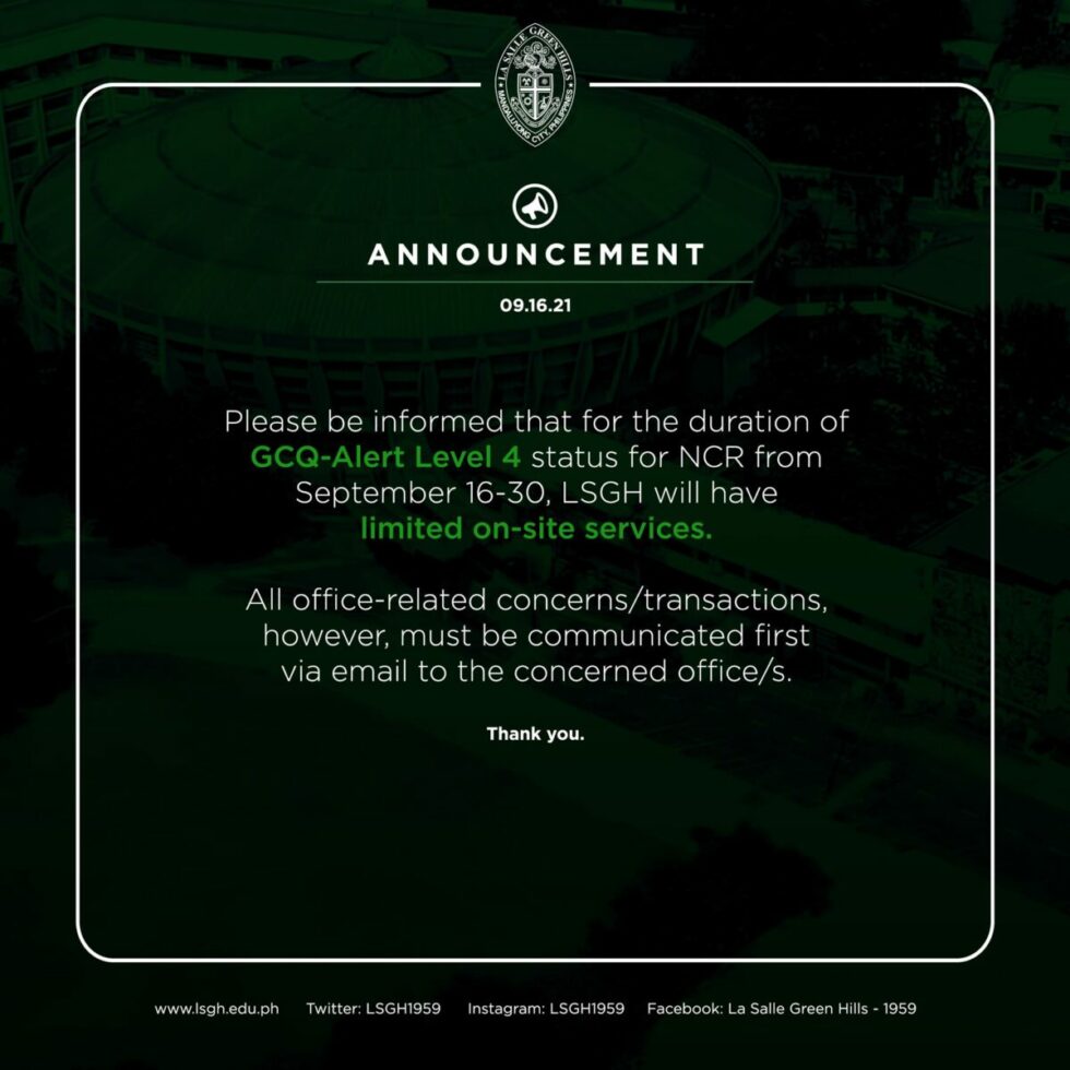 LSGH announces enrollment schedule for SY 2021-2022 | La Salle Green Hills