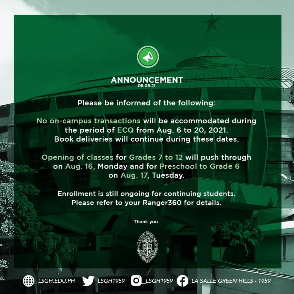 LSGH to push through with August 16 opening of classes | La Salle Green ...